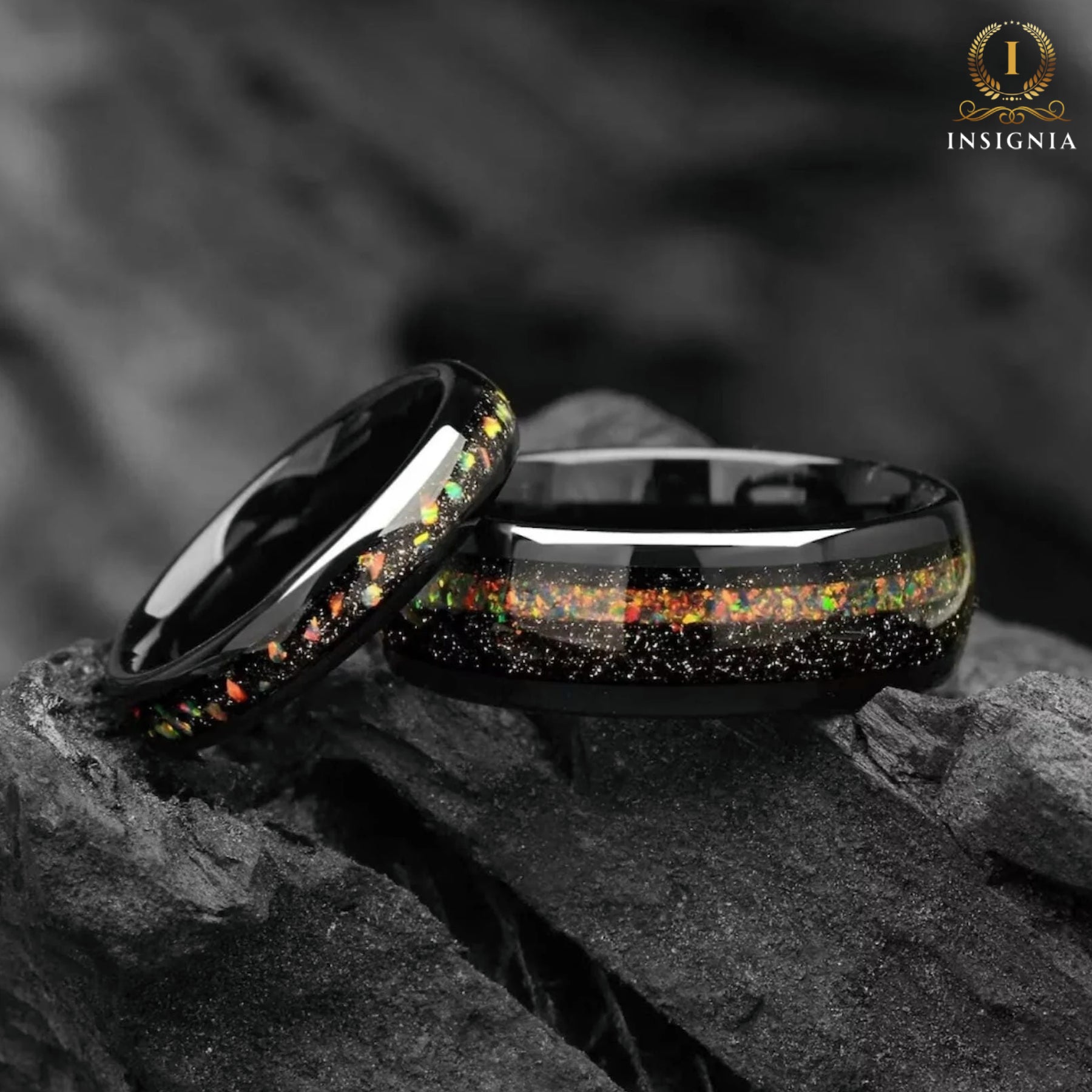 Unique Couple Rings Black Opal Wedding Band Sets Galaxy Inlay